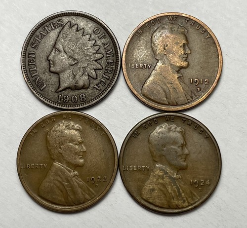 Lot Of 4 Pennies 1908 Indian Head 1912-D 1922-D 1924-S Lincoln Wheat ...
