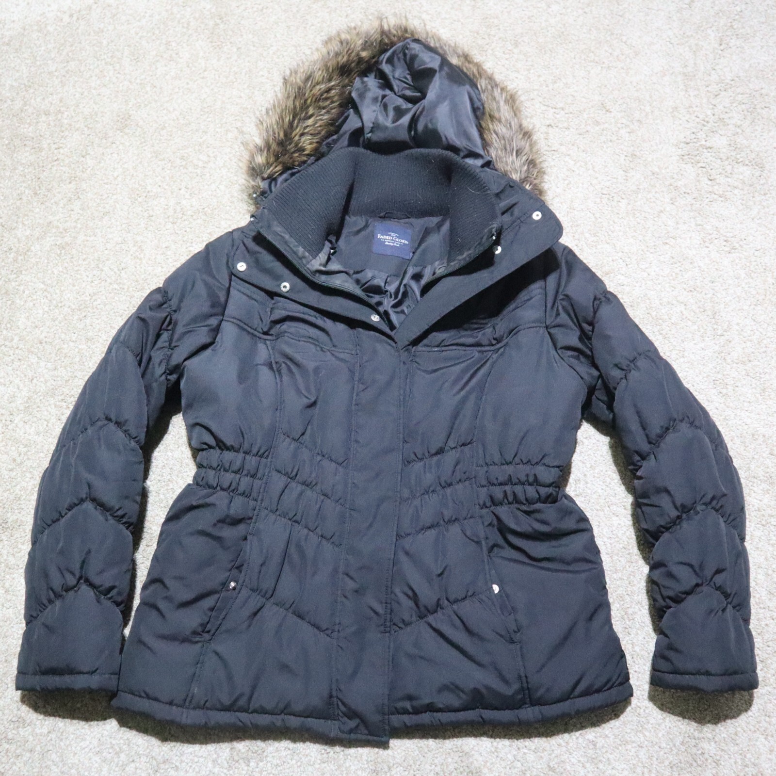 FADED GLORY Black Flax Fur Hooded Poly Fill Bubble Jacket Women's M ...