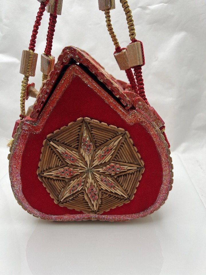 Handmade Wood Inlay Box Purse Hand-painted Bag With Glitter Hearts Star ...