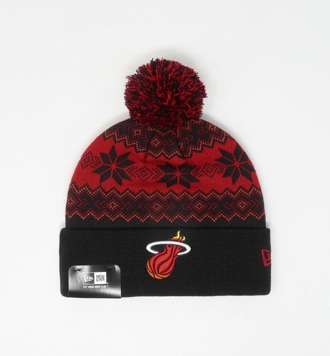 NEW ERA Miami Heat Toque Men Women Hat Black Red Snowflake Pom Pom ...