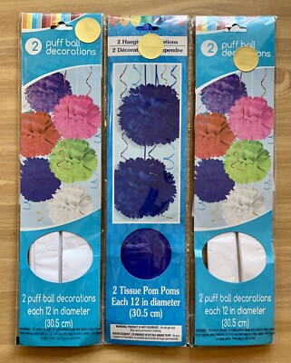 Puff Ball Decorations ~ 6 Total Puff Balls ~ 4 White & 2 Purple ~ 12 ...