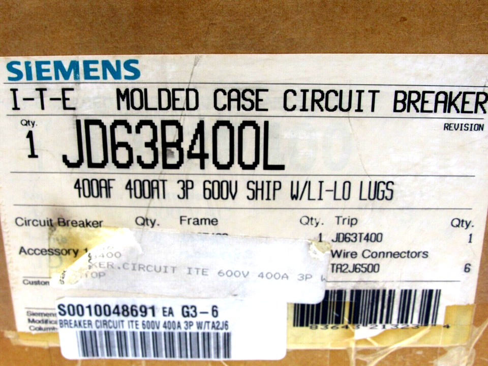 NEW SIEMENS JD63F400 CIRCUIT BREAKER 3P 600V WITH TRIP UNIT JD63B400L ...