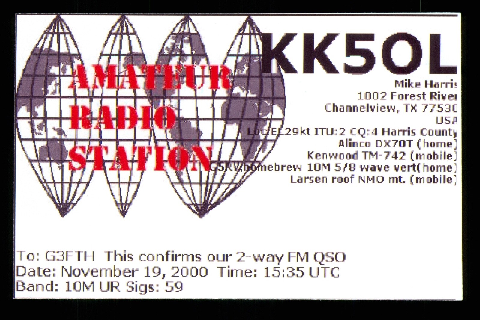 1 x QSL Card Radio USA KK5OL Channelview TX 2000 Mike Harris ≠ V747 | eBay