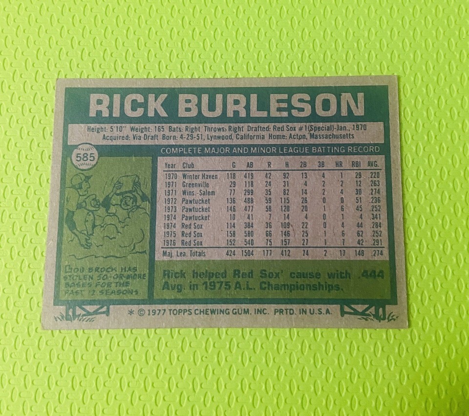 RICK BURLESON BOSTON RED SOX TOPPS 1977 BASEBALL CARD # 585 MLB ...