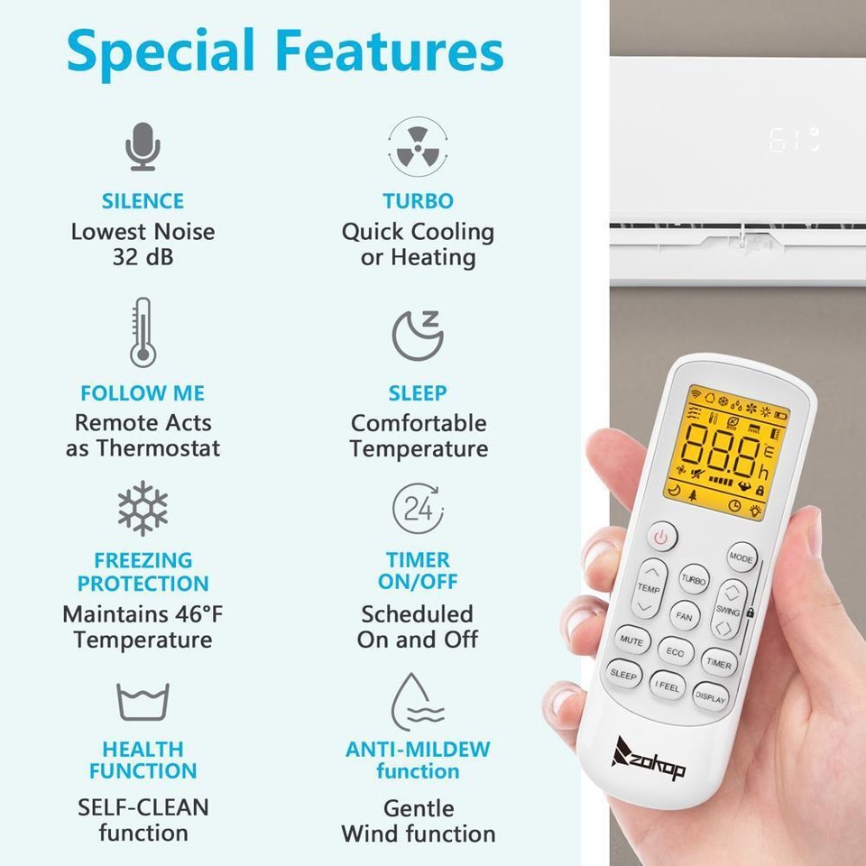 Zokop 18000 BTU Mini Split Air Conditioner with Heat Pump Remote ...