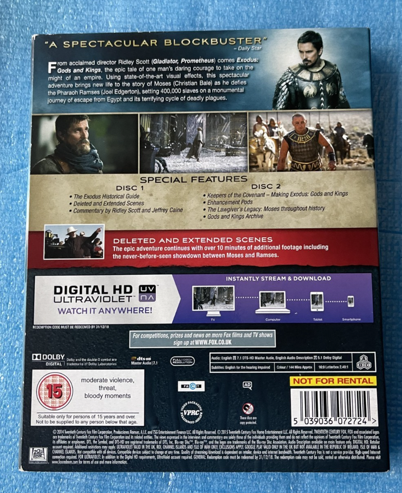 Exodus - Gods and Kings Blu-Ray (2015) Christian Bale, Scott (DIR) cert ...