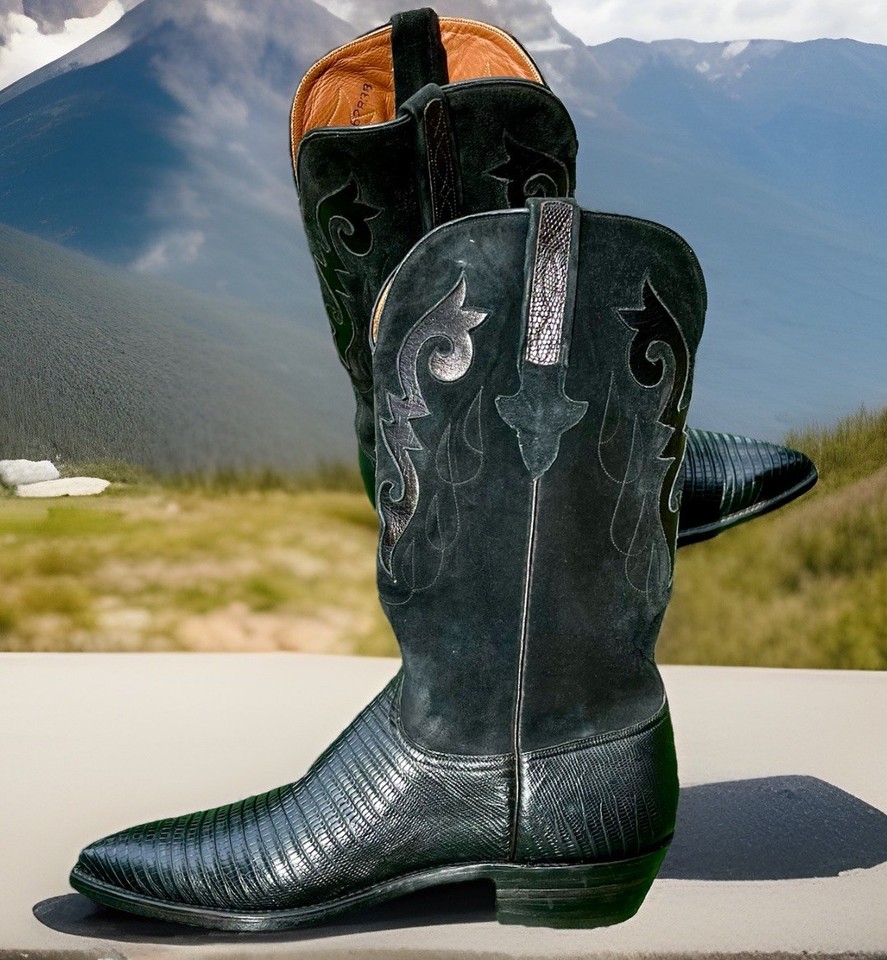 Rare Lucchese Suede Black Teju Lizard Black Size 8.5 D Cowboy Western Boots | eBay