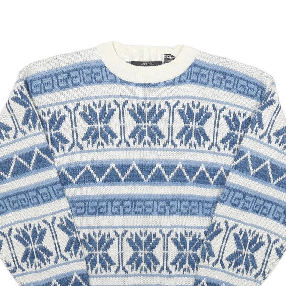 SPETTRO Mens Blue White Patterned Jumper Crew Neck Basic Knit S Winter ...