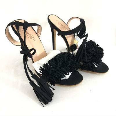 Comfity Womens Heels Faux Leather Fringe Open Toe Stilettos Lace Up ...