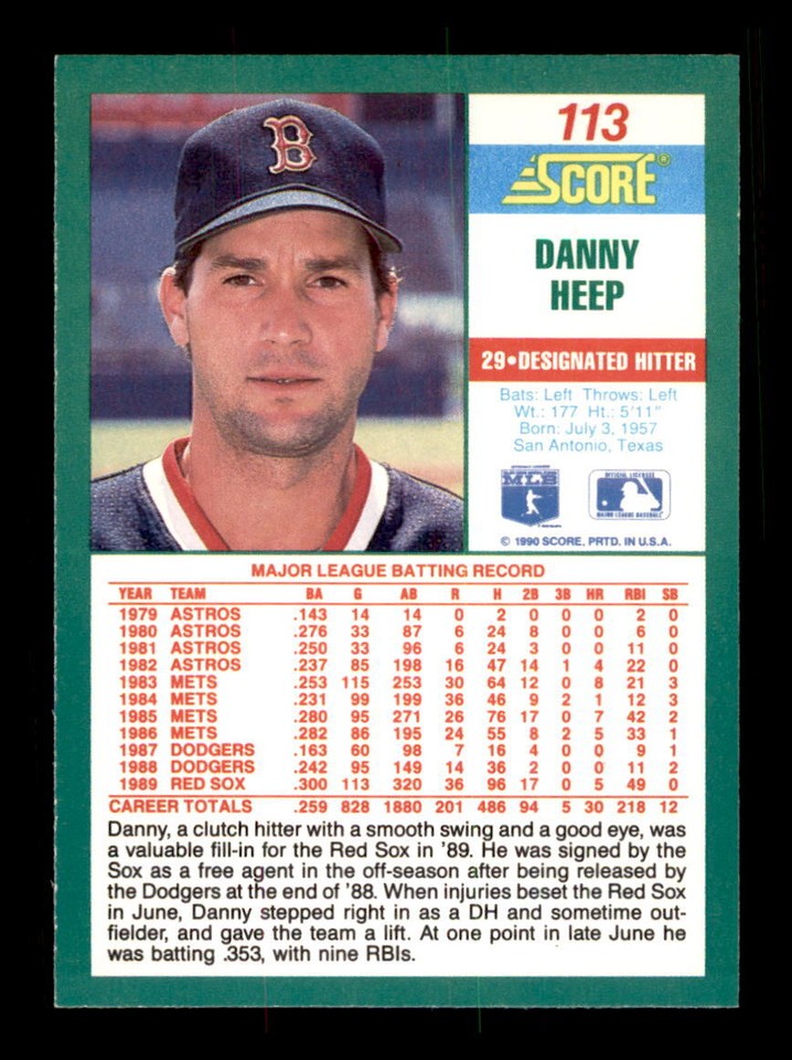 1990 Baseball Score Danny Heep Boston Red Sox #113 | eBay