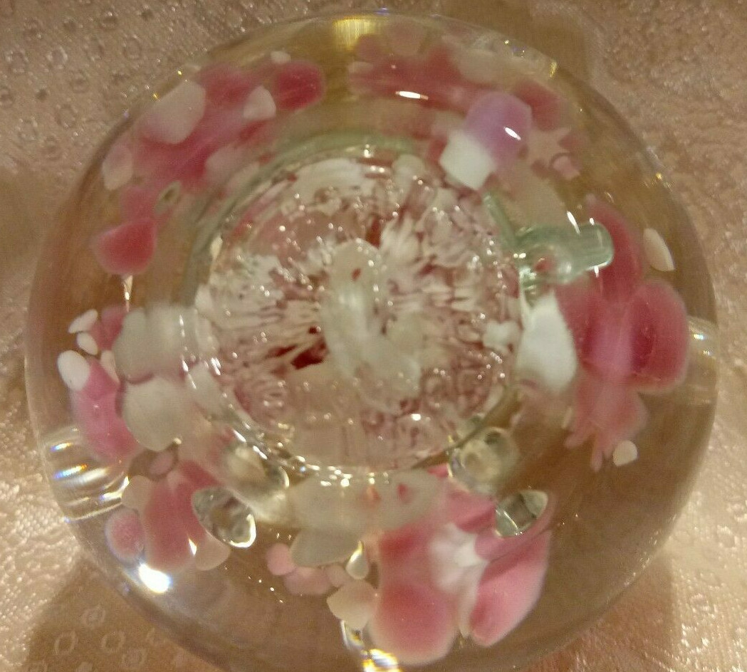 Vintage Prestige Art Glass Elwood Indiana Paperweight Pink Flowers | eBay