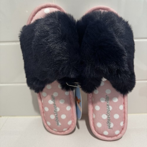 Peter Alexander Womens Fur Slippers Navy Pink Polka Dot Large MOTHERS ...