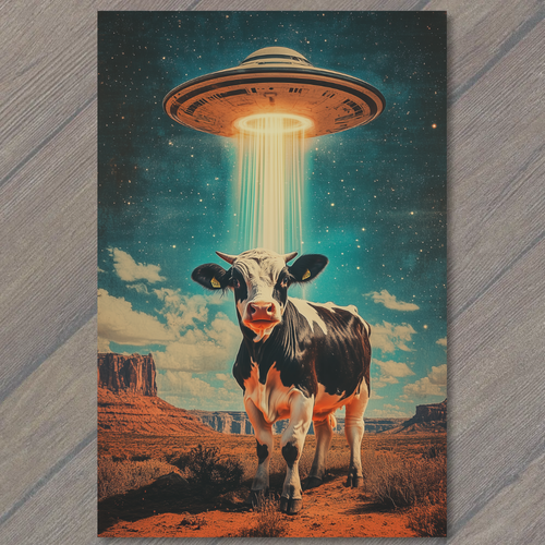 FLATCARD UFO Cow Abduction Retro Sci-Fi Alien Spaceship Beam Invasion ...