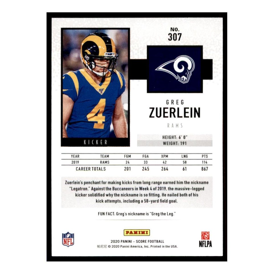 2020 Score #307 Greg Zuerlein Los Angeles Rams Football Card | eBay