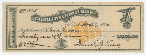 RN-X7 Garfield National Bank Check, NY, Daniel J. Leary 1900 Great ...