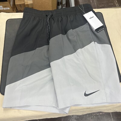 Men Nike Logo Tape 9" Surge Shorts Swim Trunks Black/Gray NESSD470-001 ...