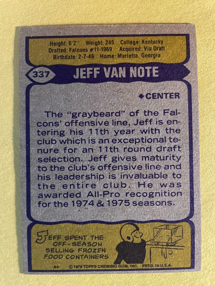SIGNED JEFF VAN NOTE 1979 TOPPS FOOTBALL CARD AUTOGRAPHED - FALCONS | eBay