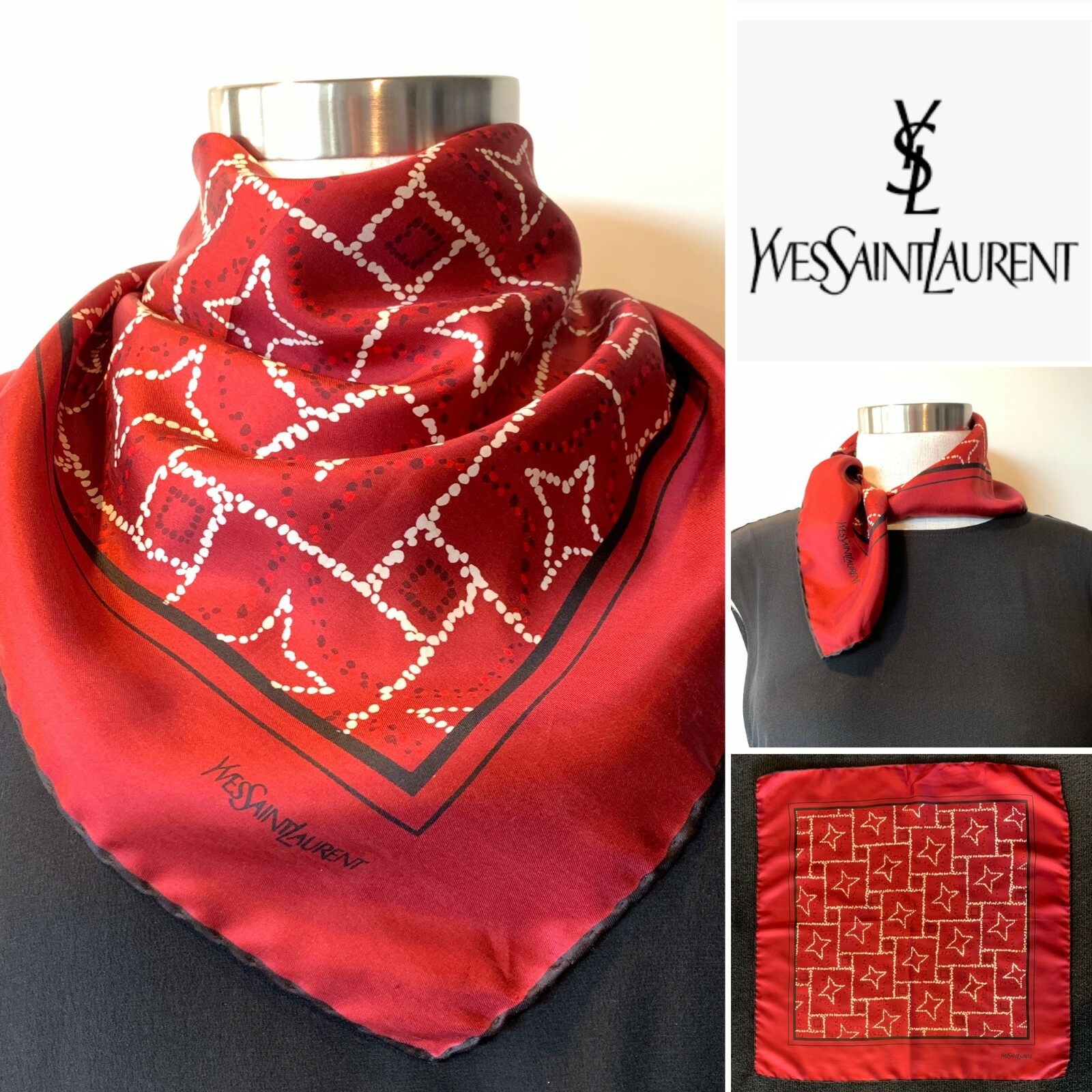 YSL Yves Saint Laurent Silk Twill Deep Red "Stars" Bandana/Scarf ...