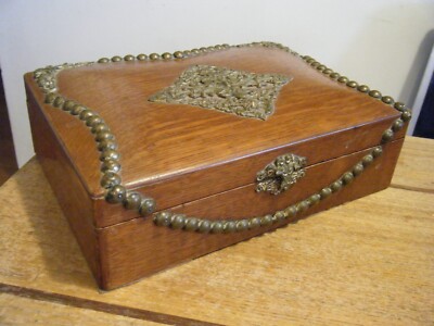 10.5" Antique Victorian Tiger Oak Wood Chest Box with Ornate Brass ...