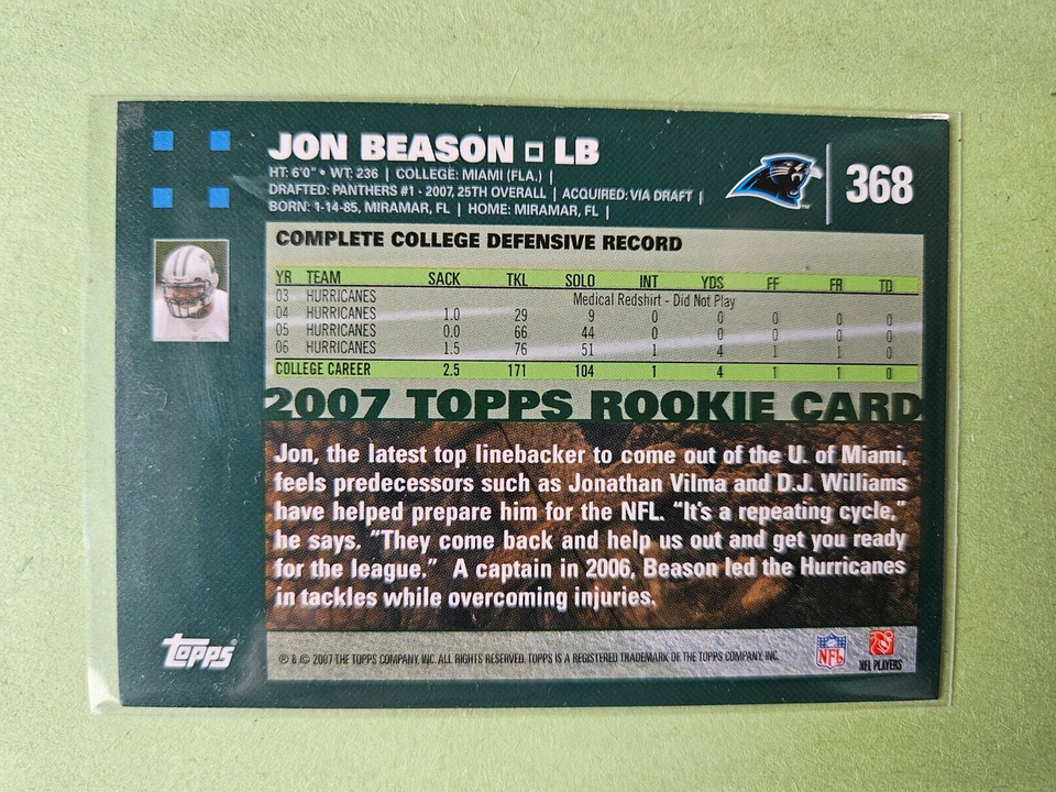 Jon Beason #368 Football card Topps 2007 Carolina Panthers Rookie RC | eBay