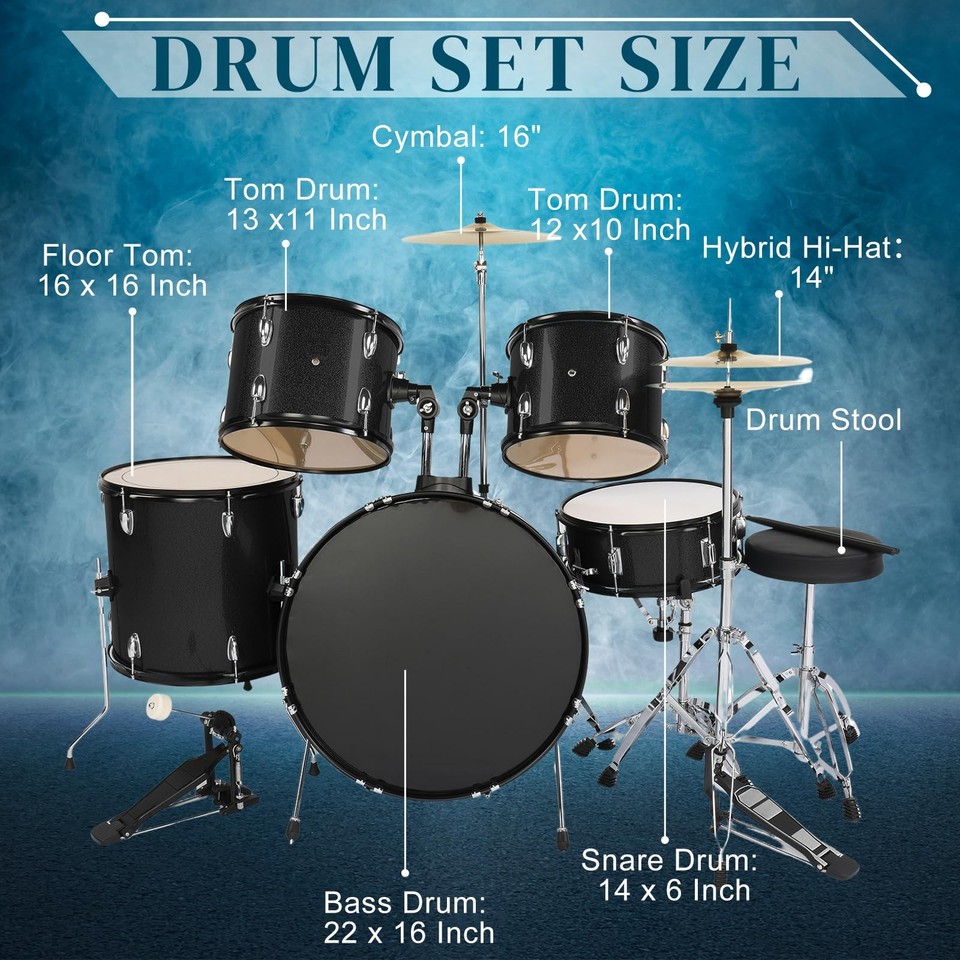 22 Inch Adult Drum Set, 5-Piece Full-Size Drums Kit with Cymbal Stands ...