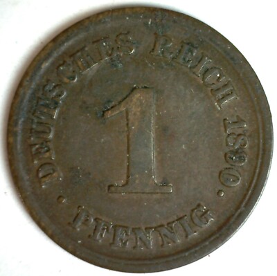 1890 E Germany Copper 1 Pfennig Coin Very Fine Circulated Wilhelm II ...
