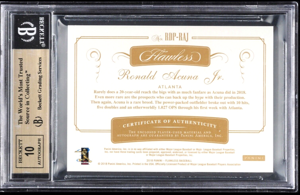 2018 PANINI FLAWLESS RONALD ACUNA JR. DUAL ROOKIE RC PATCH AUTO /15 BGS ...