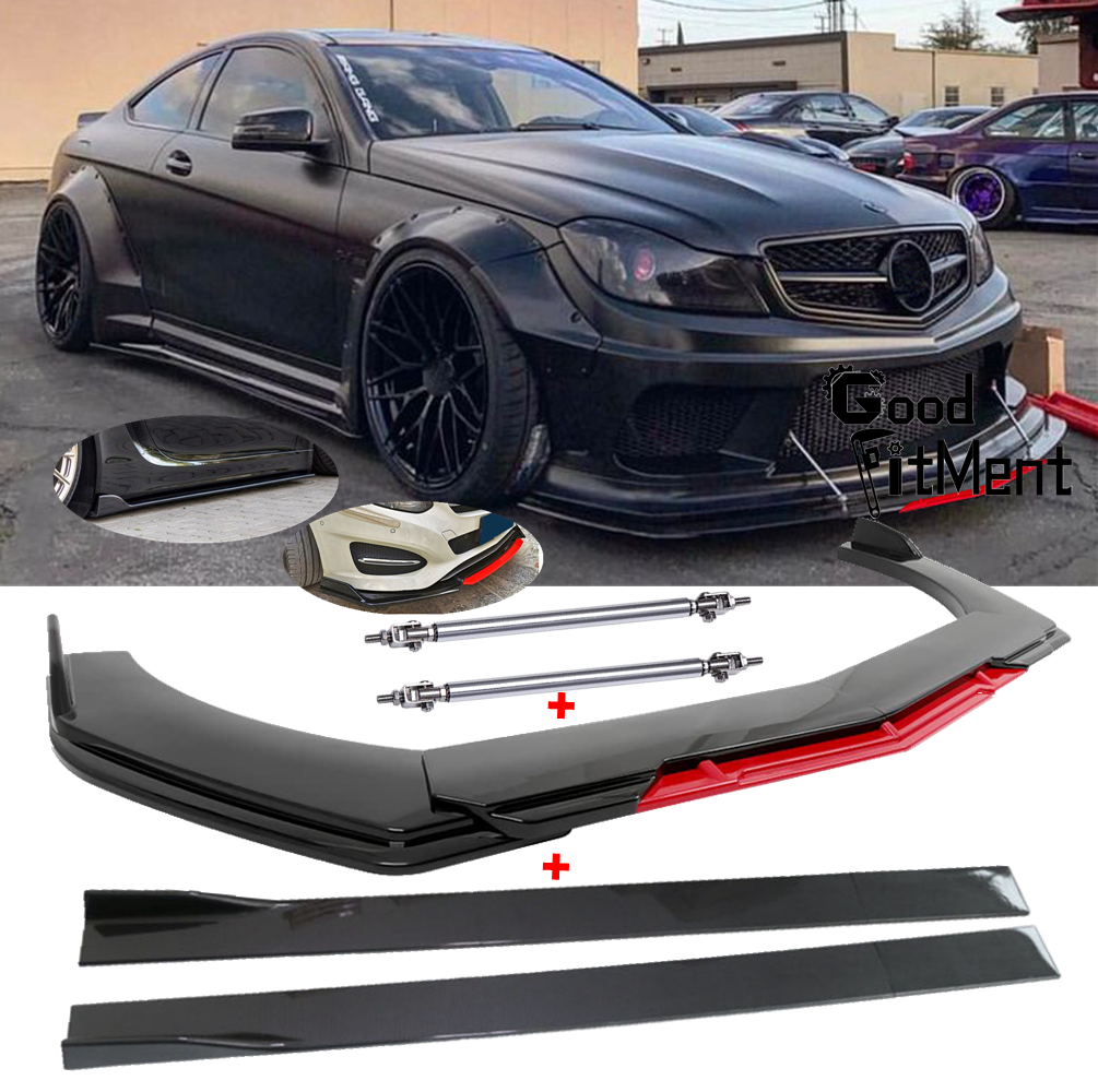 Front Bumper Lip Splitter + Side Skirt Strut Rods For Mercedes Benz ...