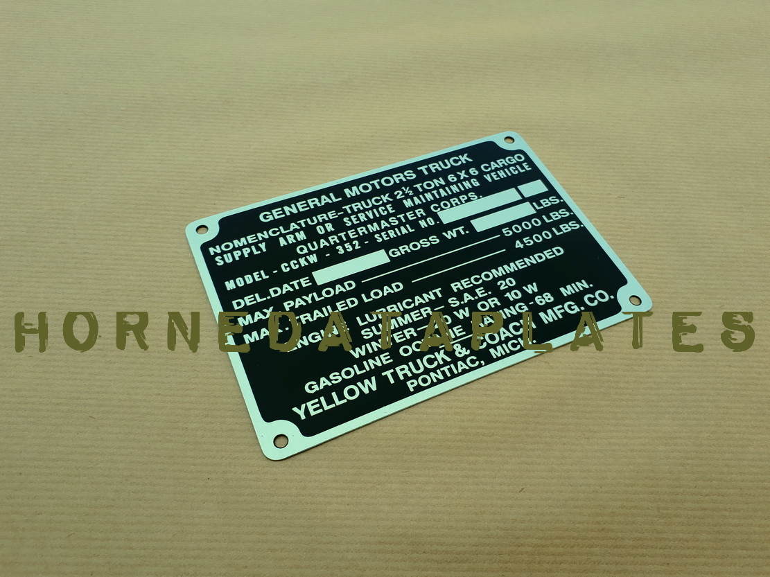 GMC CCKW 352 NOMENCLATURE DATA PLATE G508 ZINC CARGO 1942 QUARTERMASTER ...