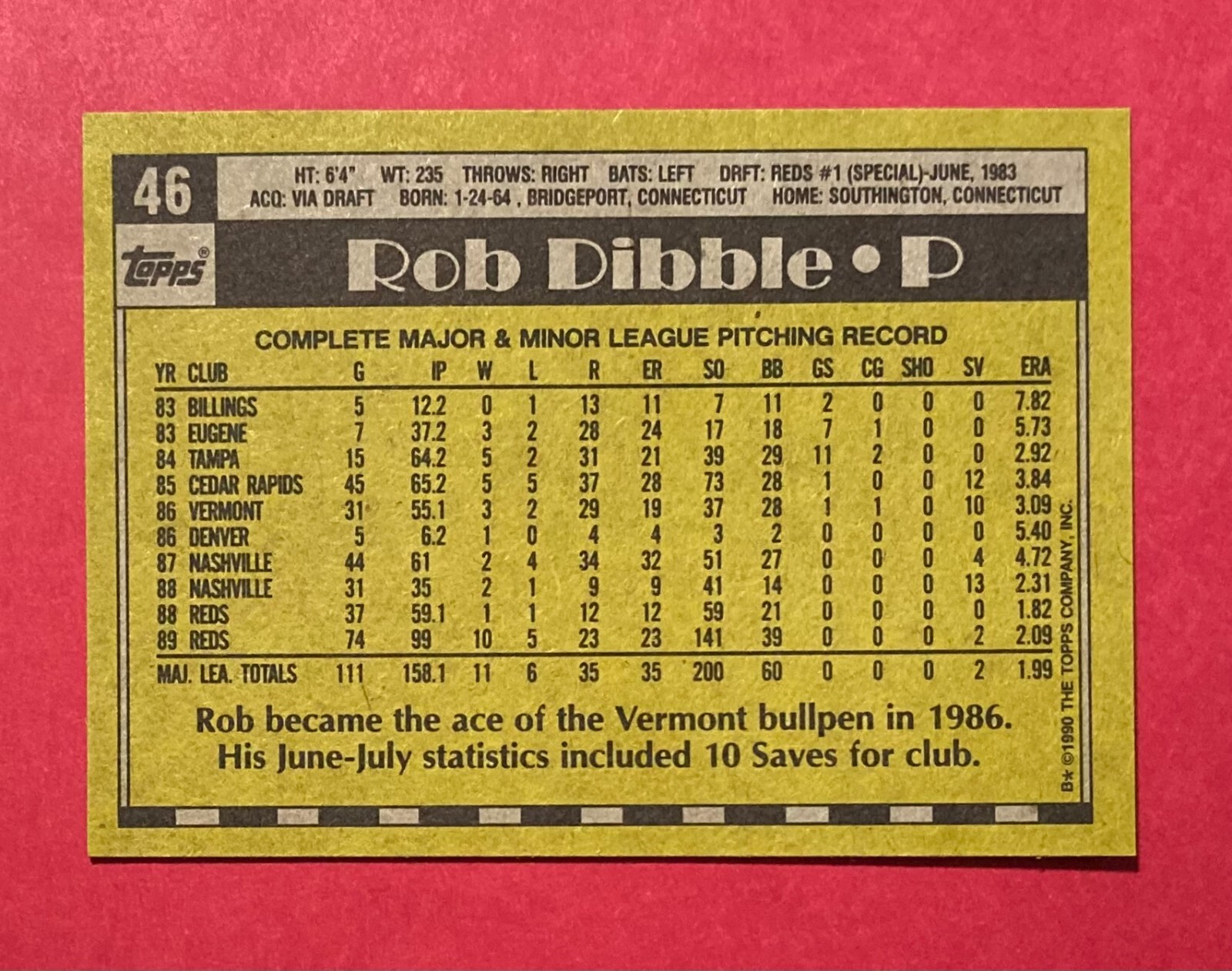 1990 Topps Rob Dibble #46 Baseball Card Cincinnati Reds (NLCS MVP/2x AS ...