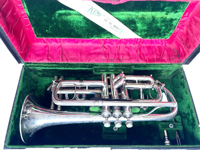 STUNNING ANTIQUE 1915 H.N. WHITE KING SILVER CORNET TRUMPET IN CASE ...