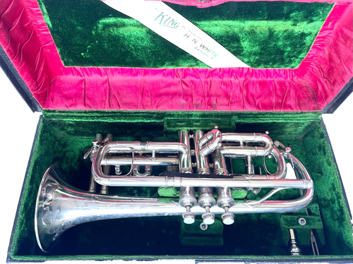 STUNNING ANTIQUE 1915 H.N. WHITE KING SILVER CORNET TRUMPET IN CASE ...