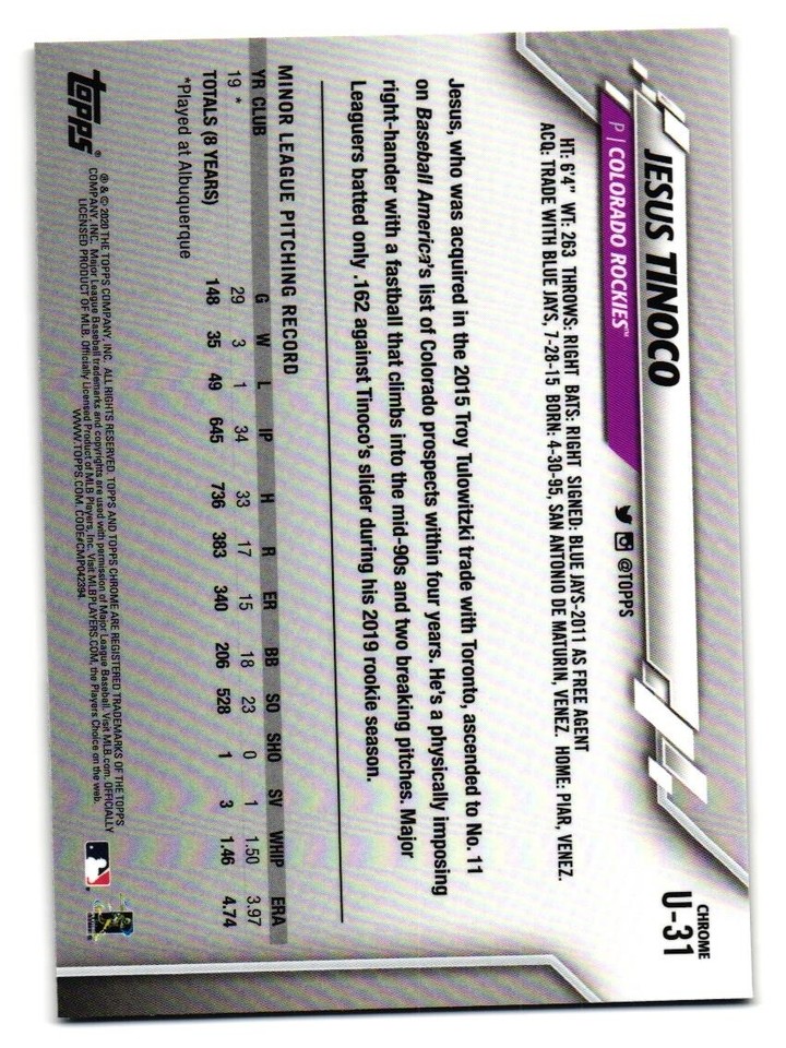 2020 Topps Chrome Update # U-31 Jesus Tinoco Colorado Rockies Rookie | eBay