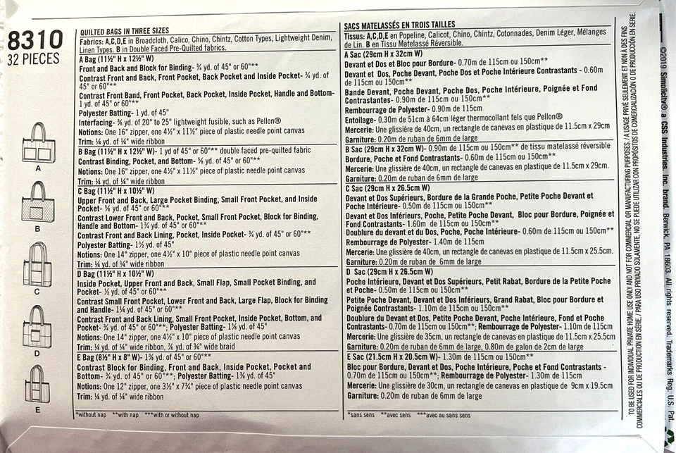 Simplicity Pattern 8310 Bags In 4 Styles Quilted Bag in 3 Sizes | eBay