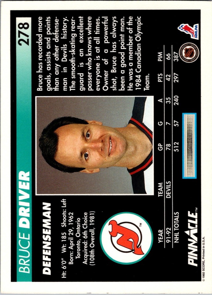 1992-93 Pinnacle - #278 Bruce Driver | eBay