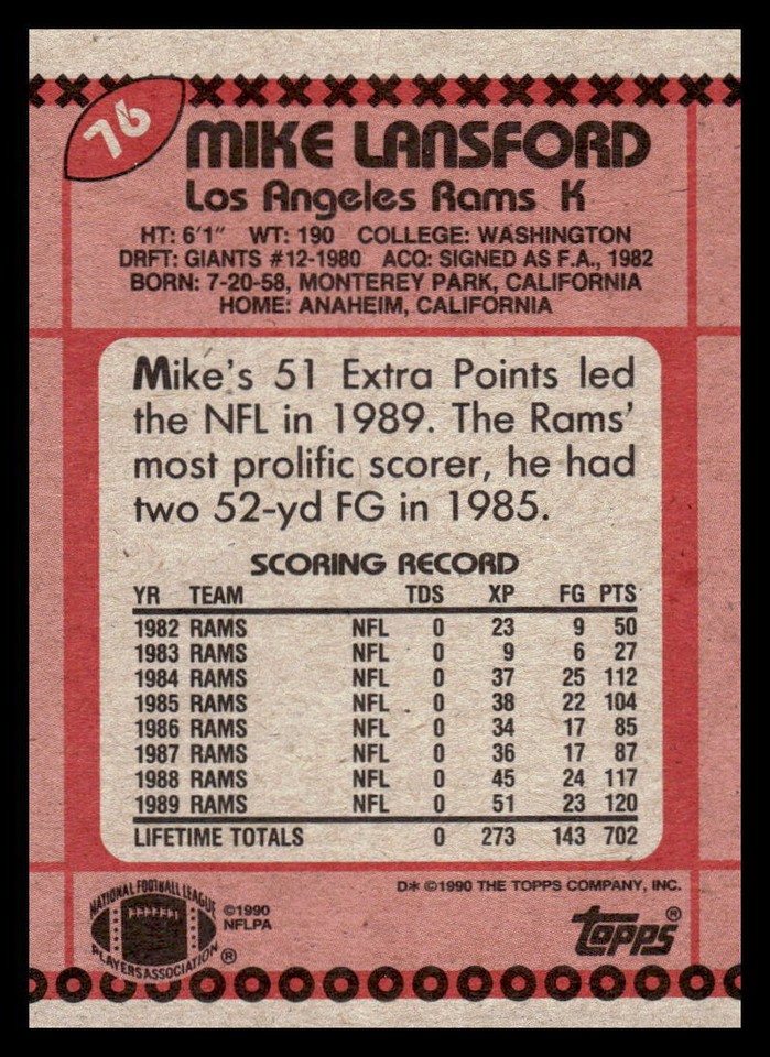 1990 Topps Mike Lansford #76 Los Angeles Rams Football Card | eBay