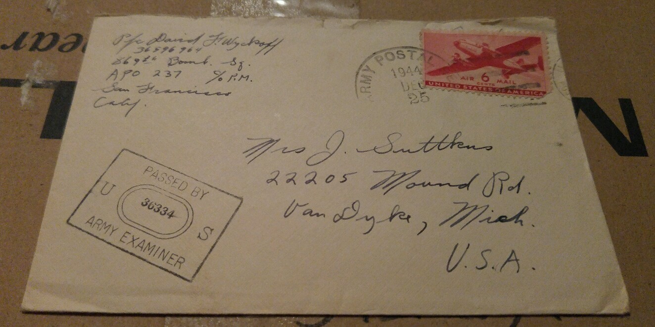 000 Postal Hand stamp Passed By US Army Examiner 1944 Air Mail 6 Cent ...