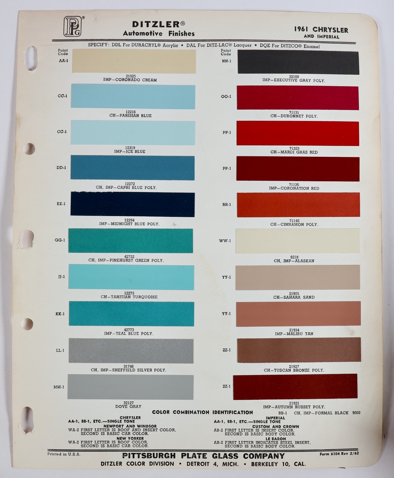 1961 Chrysler Color Paint Chip Sheet Ditzler PPG Automotive Finishes | eBay