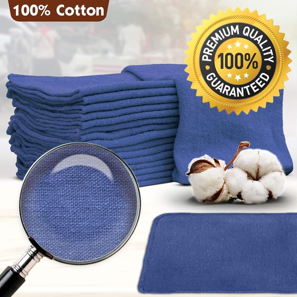 Nabob 100ct Shop Towels Blue | 14x14 Cotton Rags, Lint-Free, Reusable ...