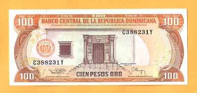 DOMINICAN REPUBLIC-100 PESOS ORO-1994-SERIAL NUMBER C388231Y-PICK 136b ...