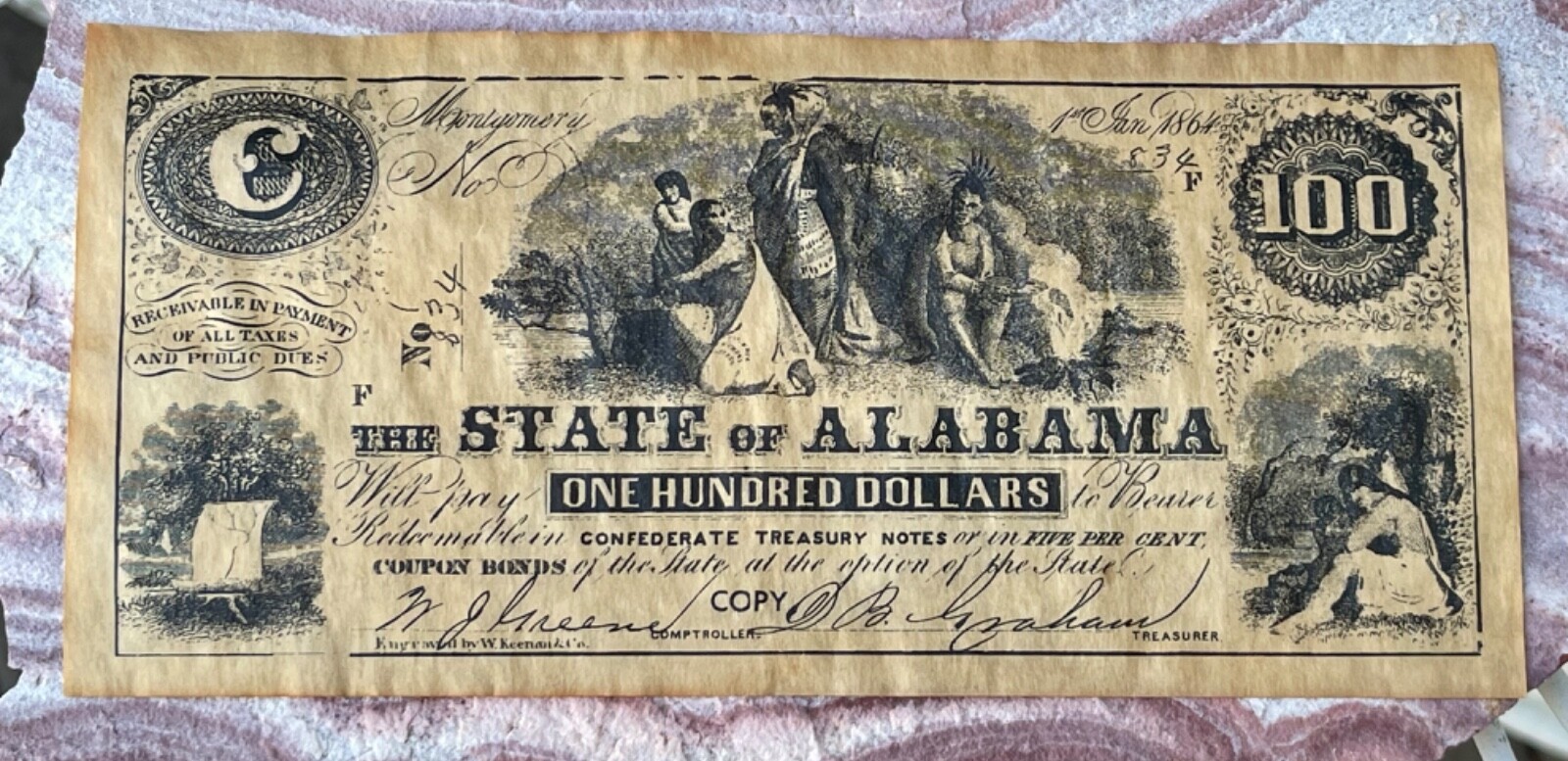 Vtg. Antiqued Reproduction Confederate Currency "State Of Alabama" $100 ...