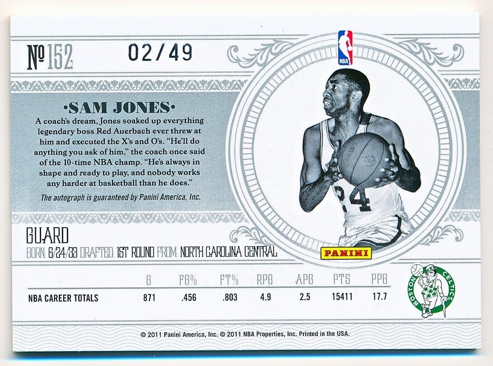 2010-11 National Treasures Sam Jones Century Signatures Auto #152 (02/ ...