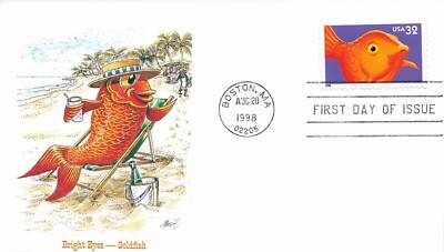 GOLDFISH BRIGHT EYES DRESSED AS A BEACH GIRL 1998 FLEETWOOD CACHET FDC ...