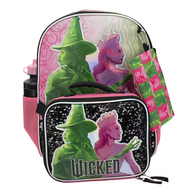 Wicked Backpack 5 Piece Set Lunch Box Bag Lunchbox Case Flip Sequin ...