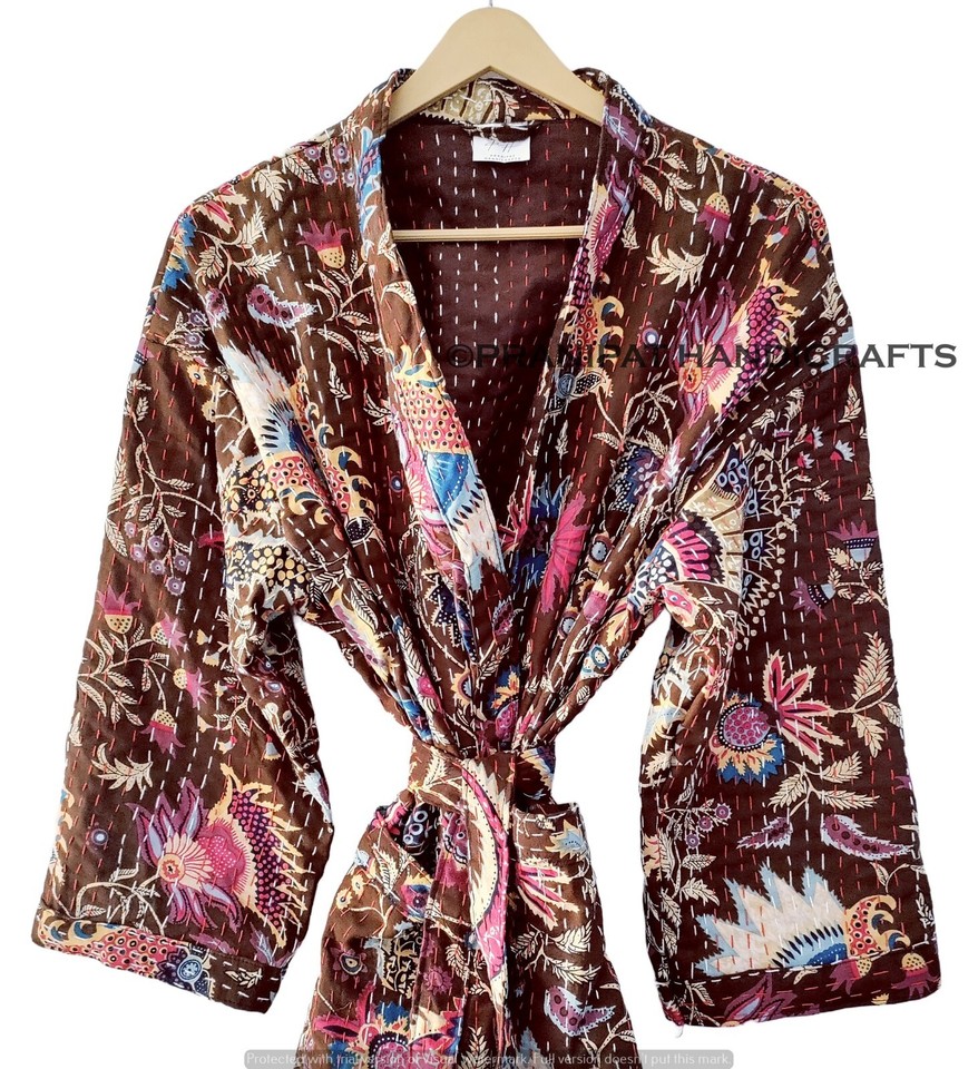 Indian Mukat Print Brown Kantha Quilted Hippie Jacket Front Open Wear ...