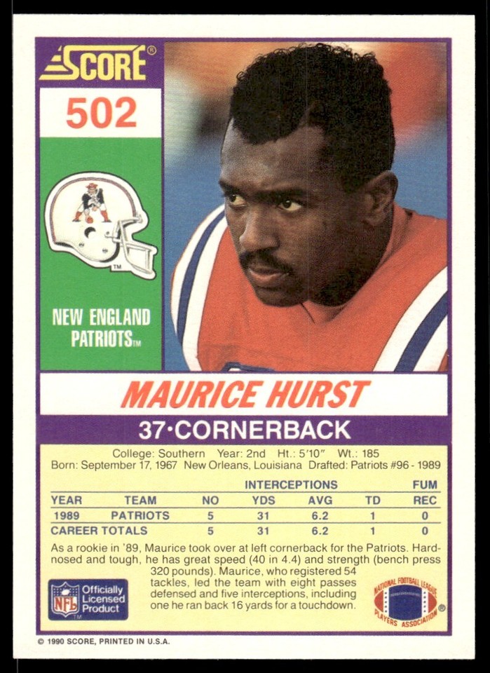 1990 Score Football Card Maurice Hurst New England Patriots #502 | eBay
