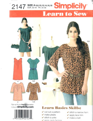 Simplicity 2147 LEARN TO SEW Mini Dress OR Tunic & Belt 6-18 UNCUT ...