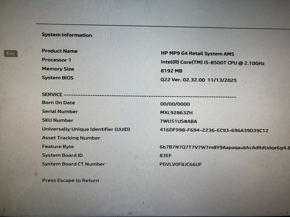 HP MP9 G4 Retail System | Intel i5-8500T 2.10GHz | 8GB RAM | NO SSD/OS ...