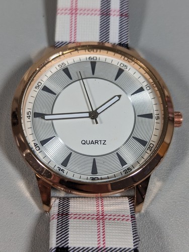 White Silver Tone Dial Gold Tone Case Plaid Pattern Faux Leather Band ...