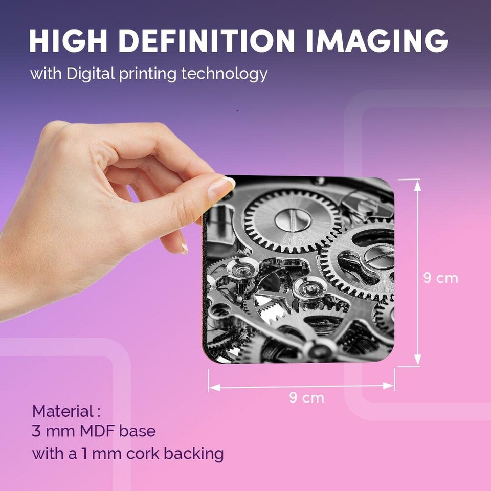 Set of 4 Square Coasters - BW - Clock Mechanism Mechanical Time #37546 ...